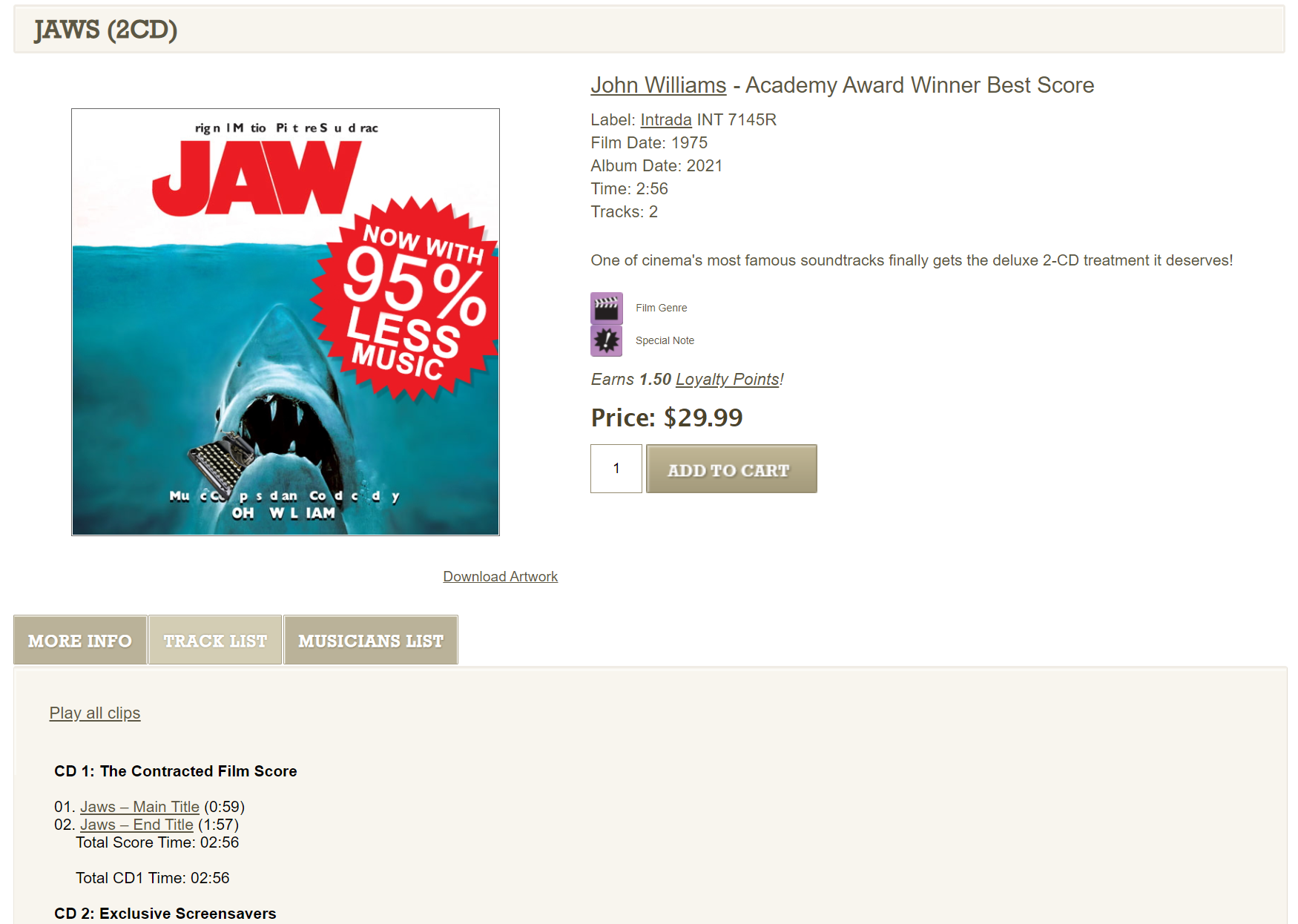 JAWS - 2015 Intrada 2CD Release (Complete film tracks & original LP re ...